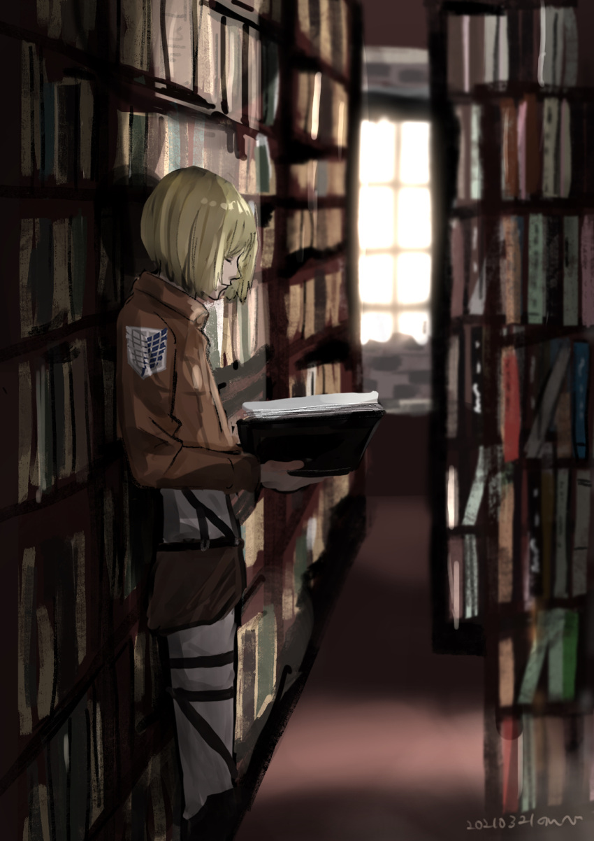 Safebooru - 1boy armin arlert belt blonde hair book bookshelf brown ...