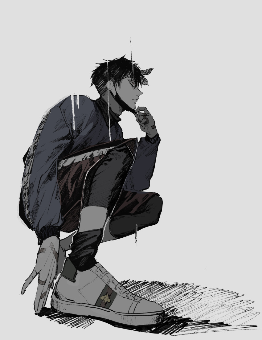 Safebooru - 1boy absurdres bandaid bandaid on hand bandana bishounen black hair from below from ...