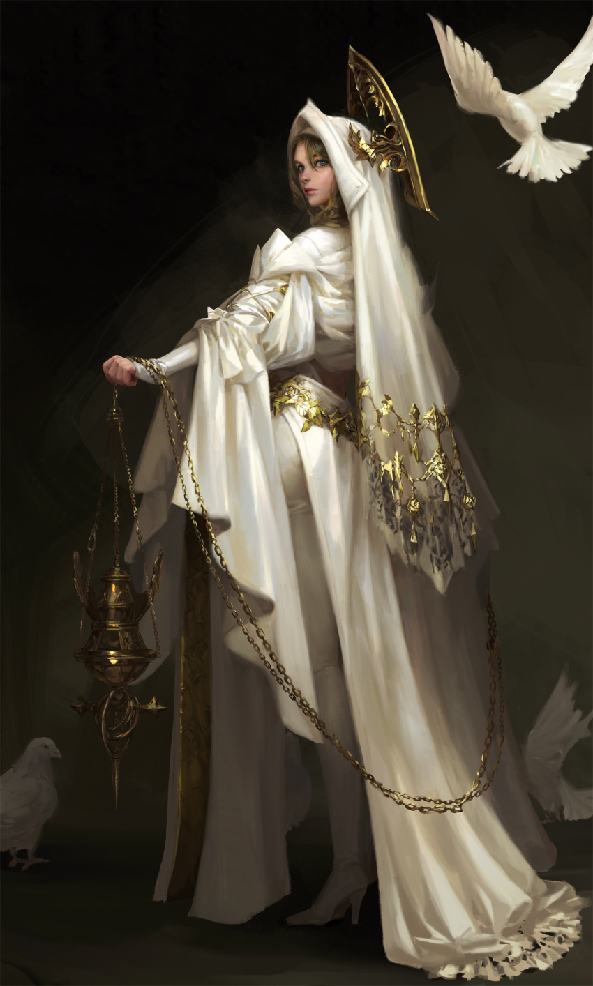 Safebooru - 1girl absurdres bird blonde hair blue eyes concept art dove dress high heels highres ...