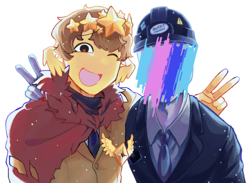Safebooru - 2boys blue necktie brown hair brown jacket builderman ...