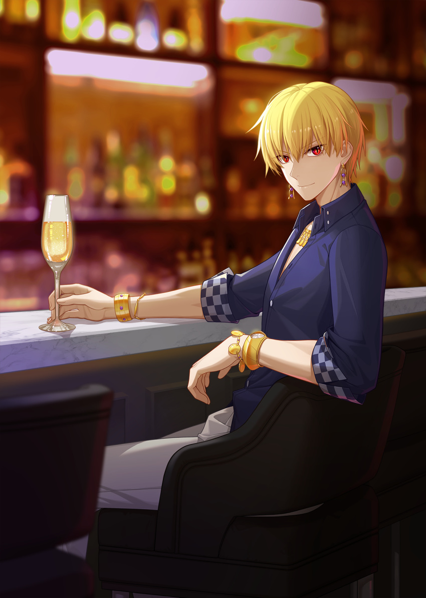 Safebooru - 1boy blonde hair blurry blurry background bracelet chair ...