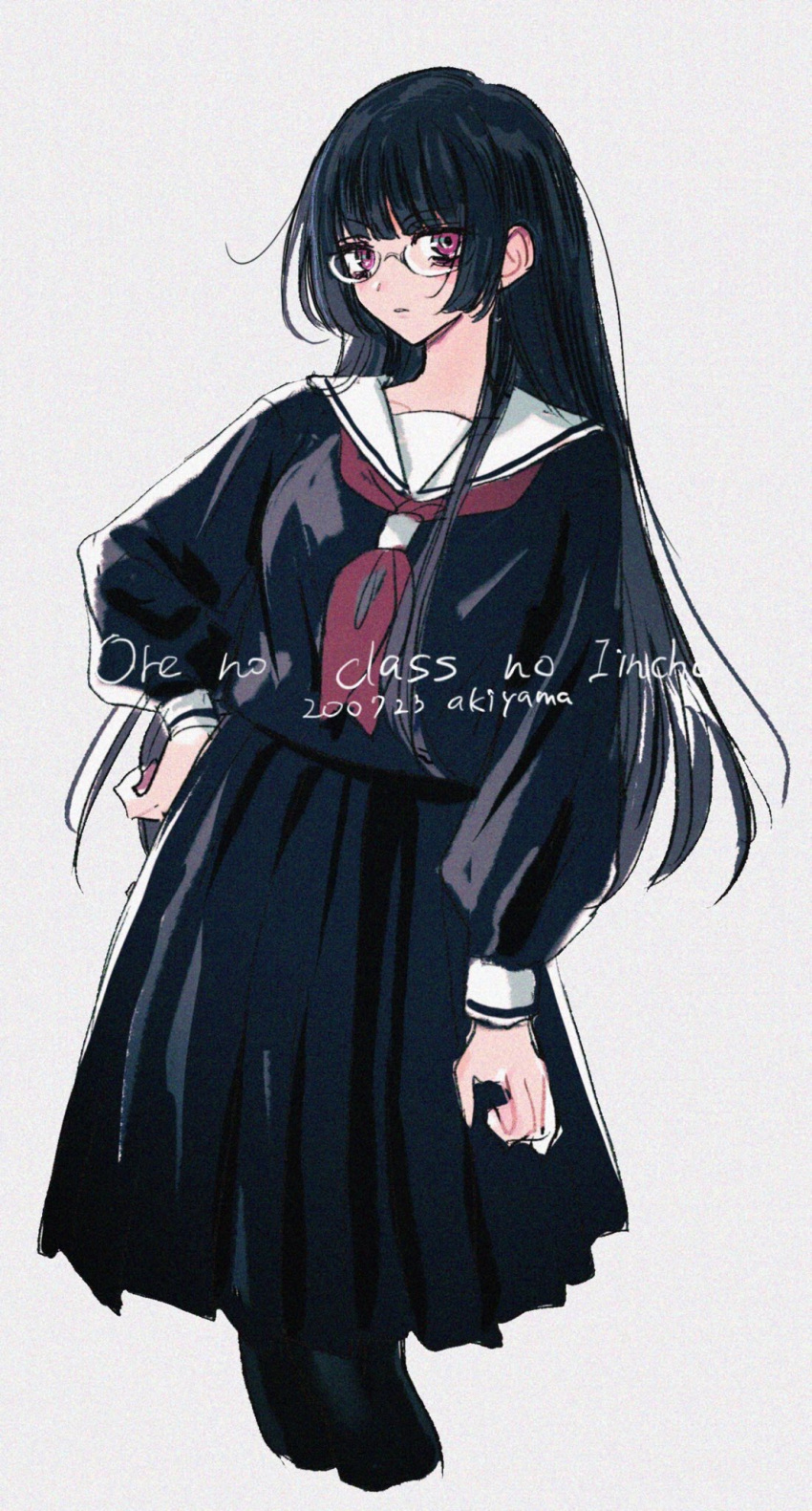 Safebooru - 1girl akiyama enma artist name bangs black hair glasses hand on hip highres long ...