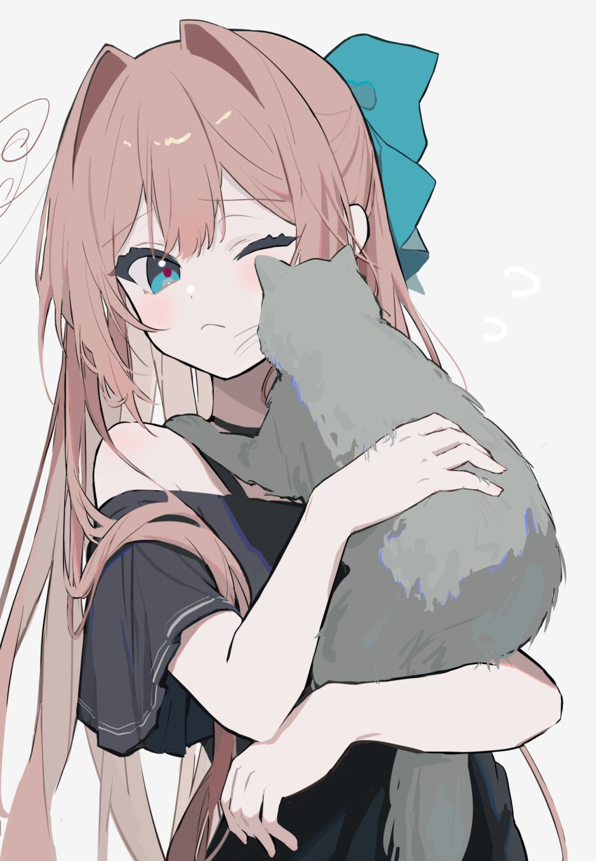 Safebooru - 1girl ahute animal antenna hair bangs black dress blue bow blue eyes blush bow cat ...