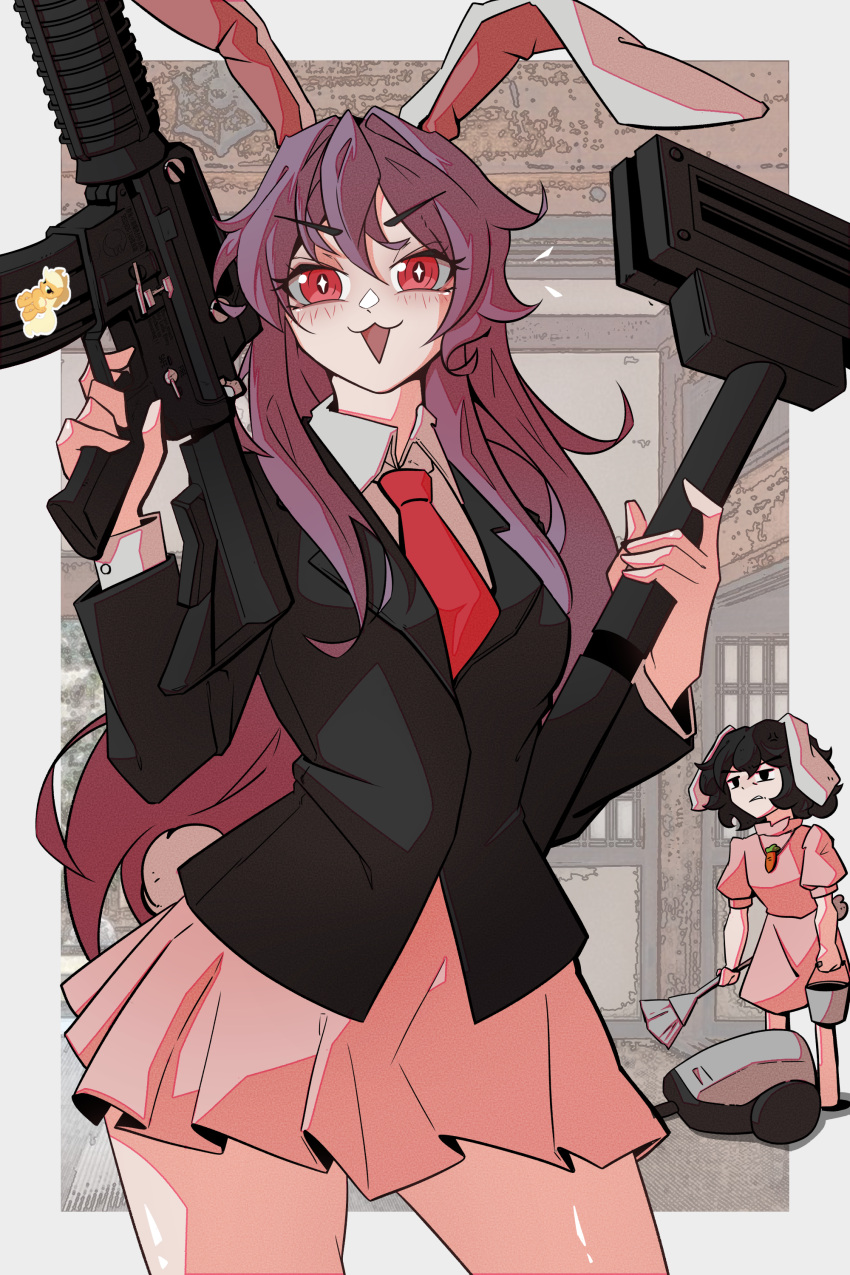 Safebooru - 2girls :3 absurdres animal ears applejack assault rifle ...