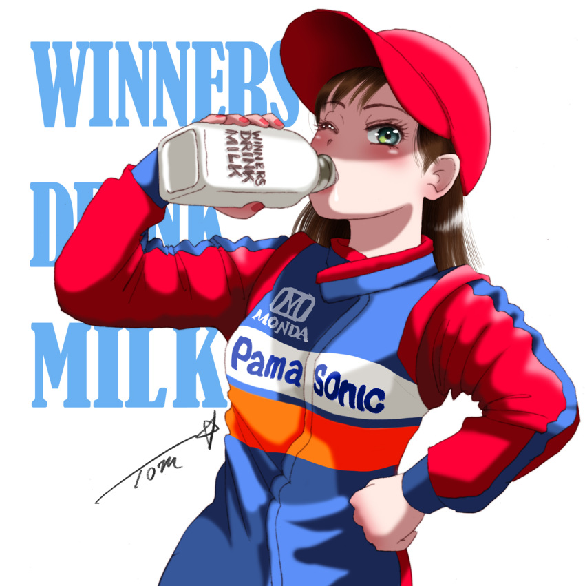 1girl baseball_cap bottle brand_name_imitation brown_hair chutohampa ...