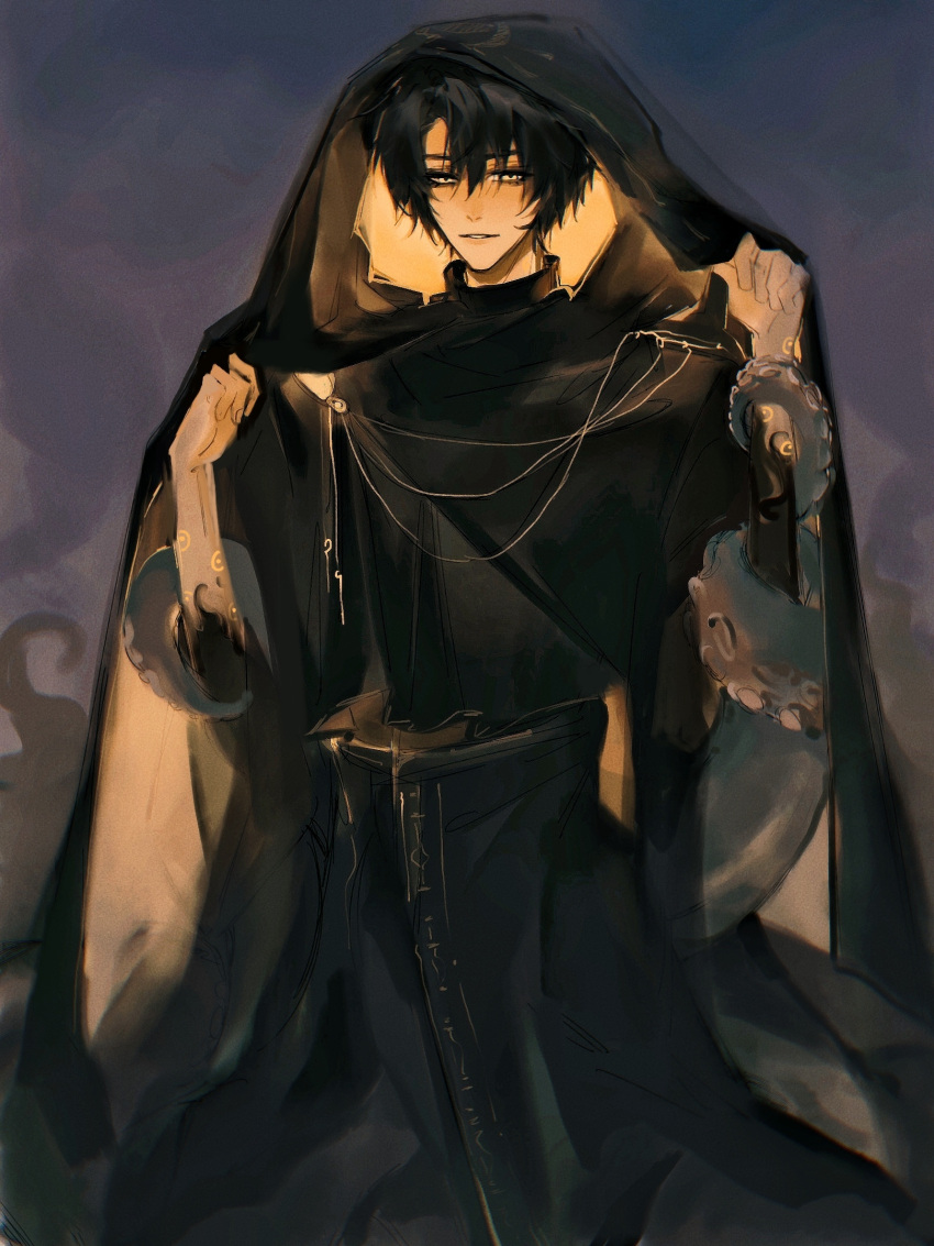 Safebooru - 1boy bangs black cloak black hair brown eyes chinese commentary cloak commentary ...