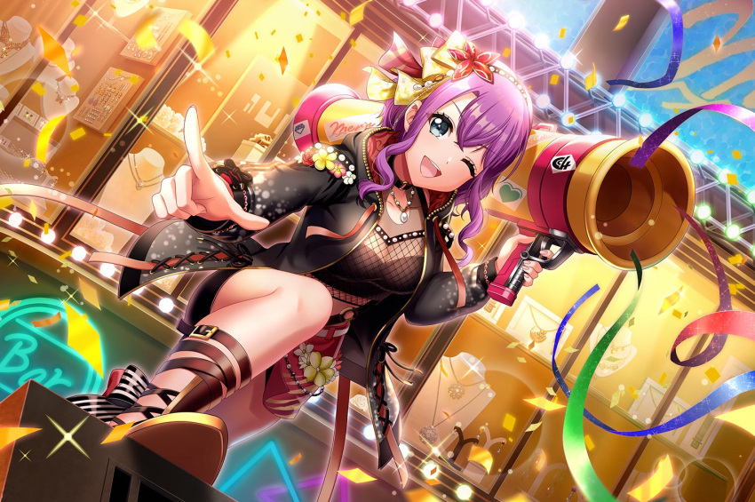 Safebooru - blush d4dj dress green eyes hidaka saori purple hair short hair smile wink | 4074558