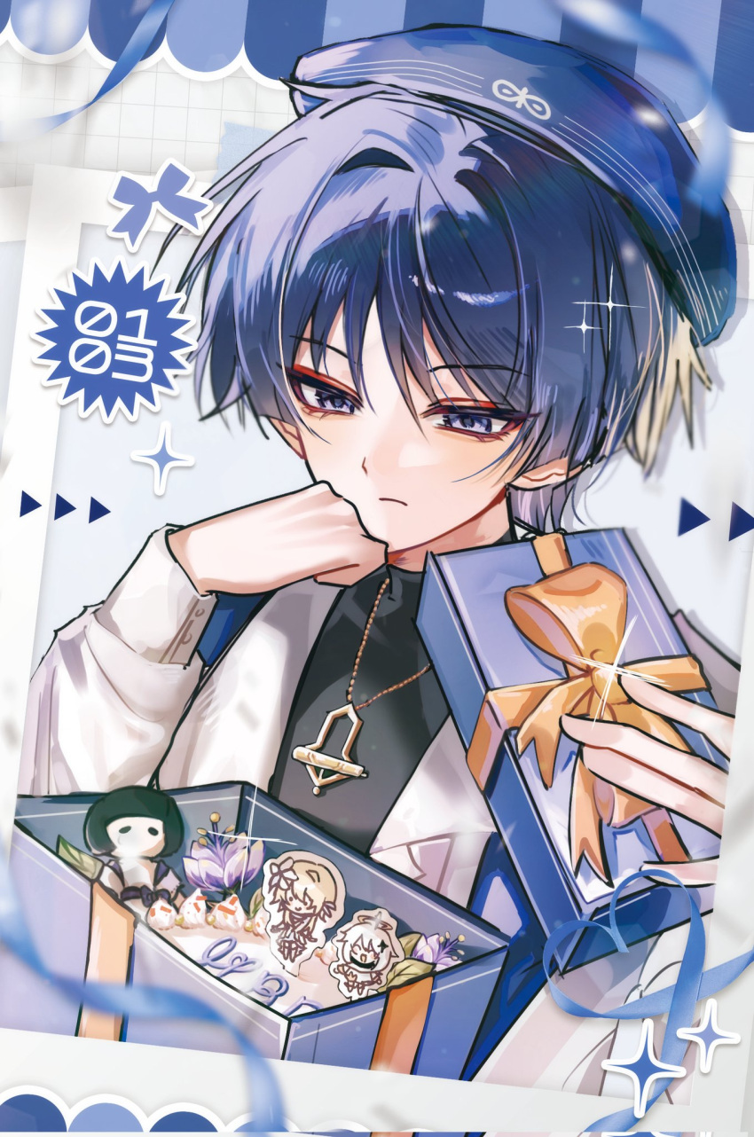 Safebooru - 1boy blue eyes blue hair closed mouth flower genshin impact ...