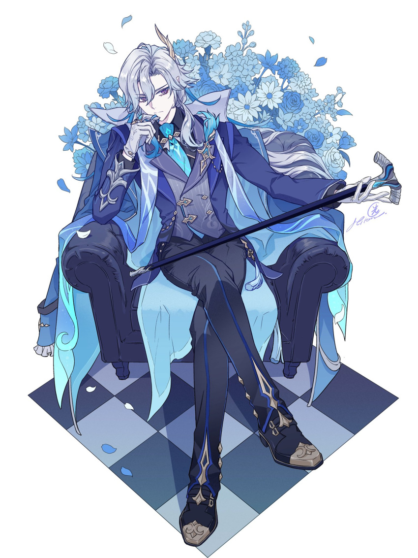 Safebooru - 1boy black pants black shirt blue flower blue hair blue ...