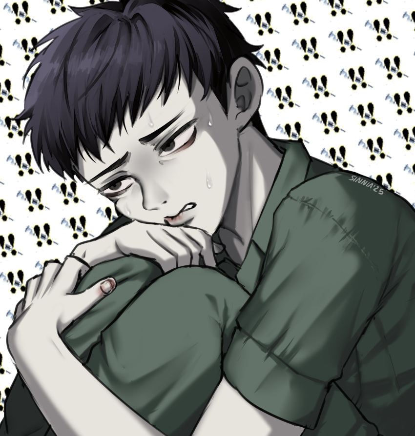 Safebooru - ! !! 1boy artist name biting own lip black eyes black hair ...