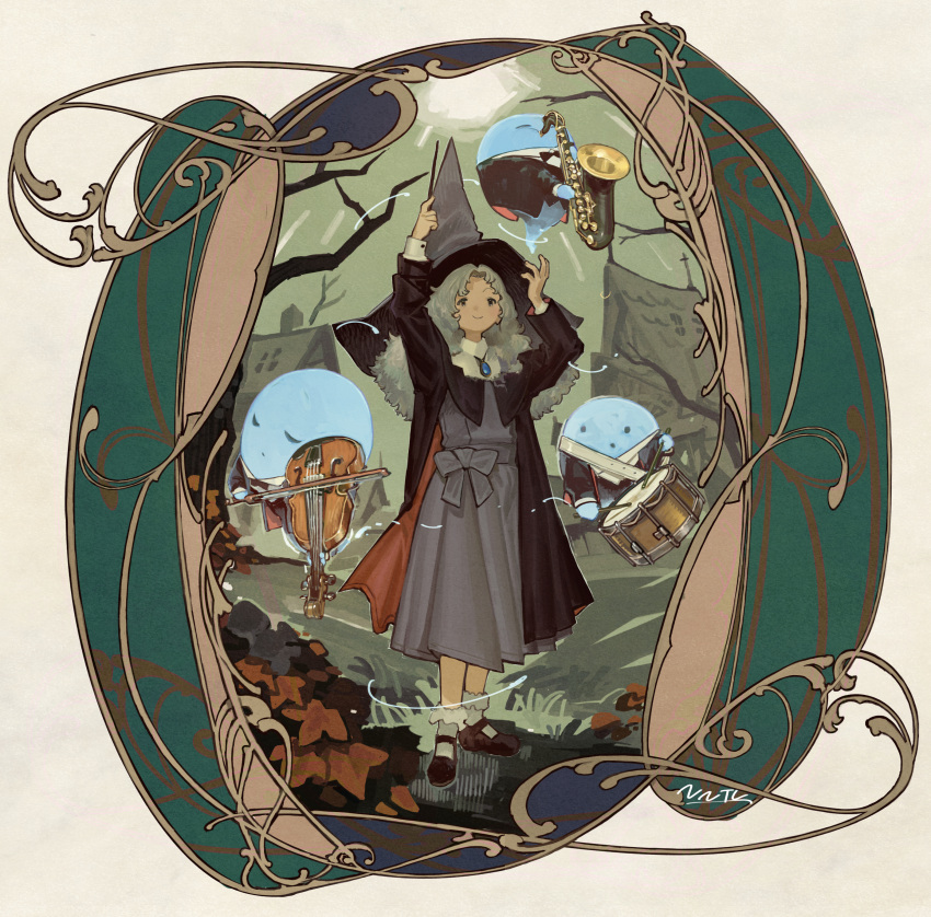 Safebooru - 1girl absurdres coat conductor baton dress fantasy grey ...