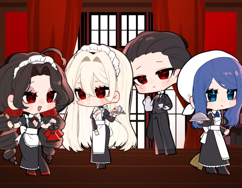 Safebooru - 1boy 3girls 4others apron bari (project moon) black dress ...