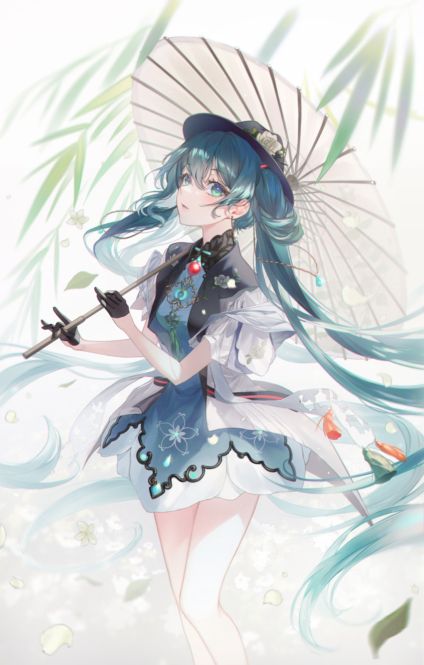 Safebooru - 1girl absurdres aqua eyes aqua hair bangs bare legs blush dress earrings flower hair ...