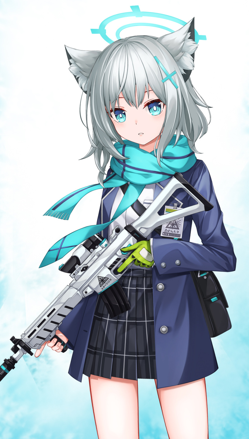 Safebooru - 1girl absurdres animal ears assault rifle bag bangs blazer blue archive blue eyes ...
