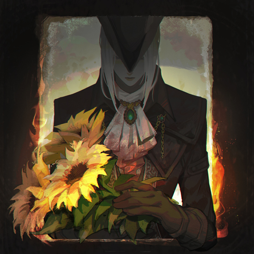 Safebooru - 1girl ascot blood bloodborne boots cape closed eyes coat flower gem gloves hat hat ...