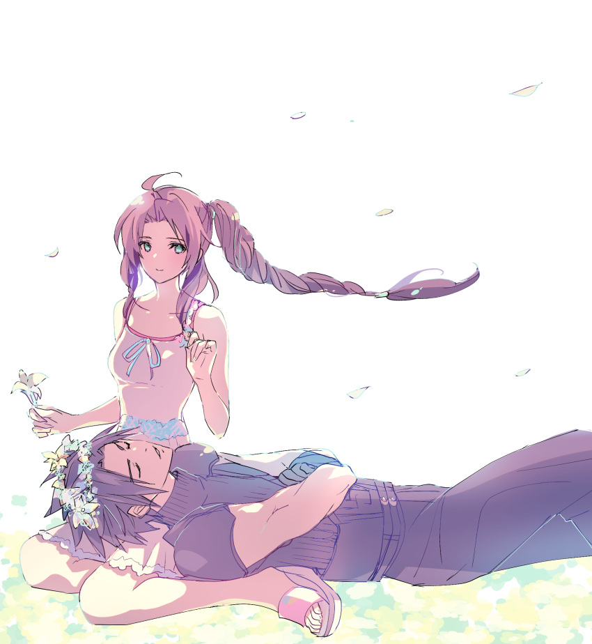 Safebooru - 1boy 1girl aerith gainsborough armor bare shoulders black hair braid braided ...