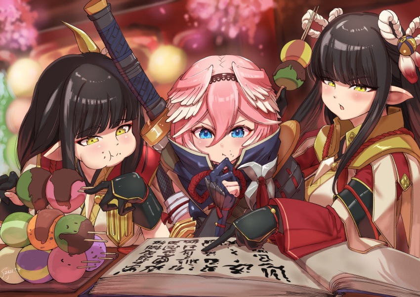 Safebooru - 3girls black hair blue eyes book dango eating food food in ...