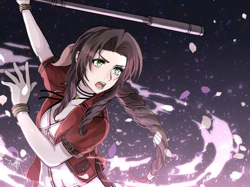 Safebooru - 1girl aerith gainsborough bangle bangs bracelet braid braided ponytail breasts brown ...