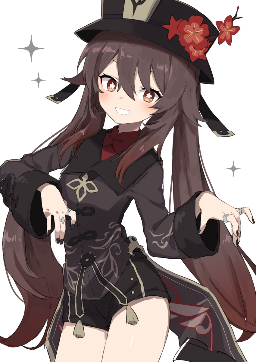 Safebooru - 1girl :d absurdres bangs black coat black headwear black nails brown hair coat ...