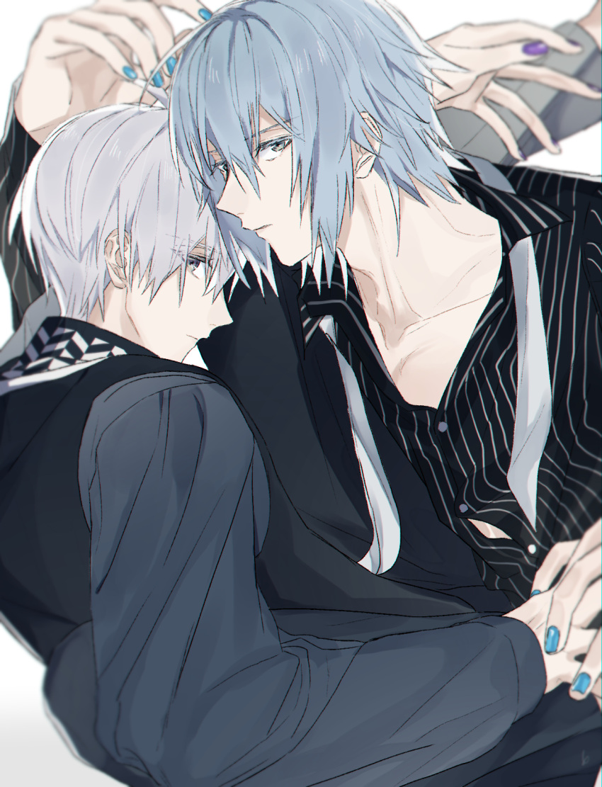 Safebooru - 2boys bishounen blue eyes blue hair from side highres idolish 7 long sleeves looking ...