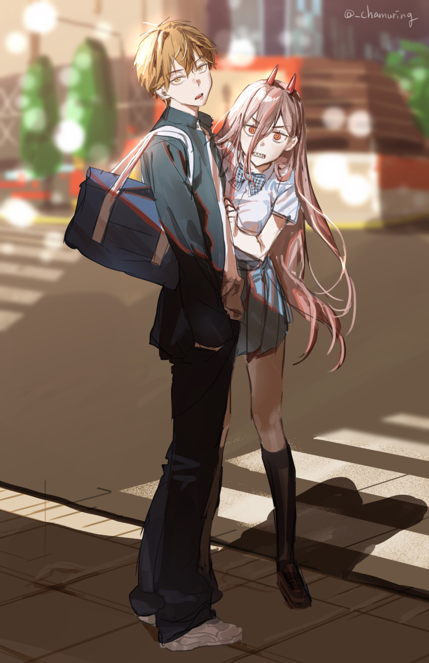 Safebooru - + + 1boy 1girl absurdres artist name bag bangs blonde hair blurry blurry background ...