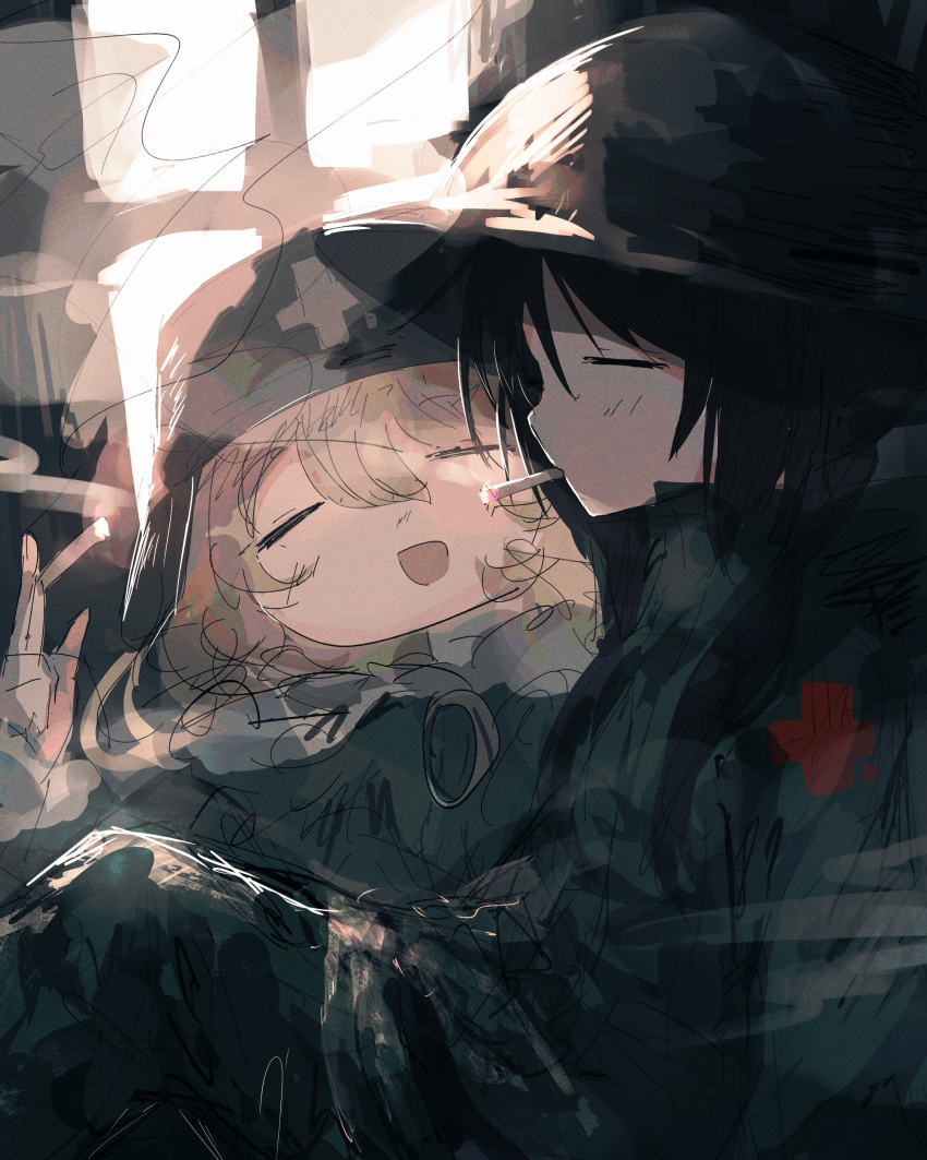 Safebooru - 2girls absurdres agasa (akasa anodan) bangs black hair blonde hair brodie helmet ...