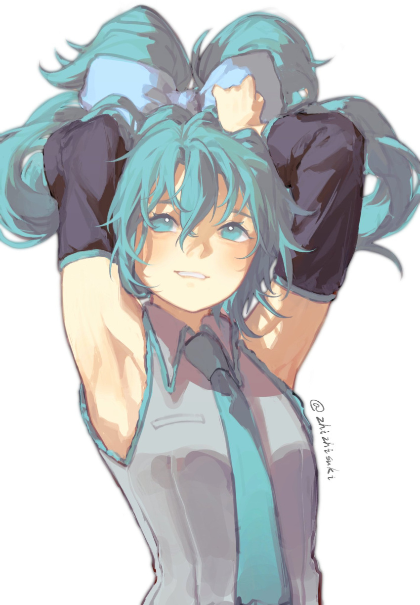 Safebooru - aqua eyes aqua hair aqua necktie arm up armpits arms up hatsune miku highres long ...