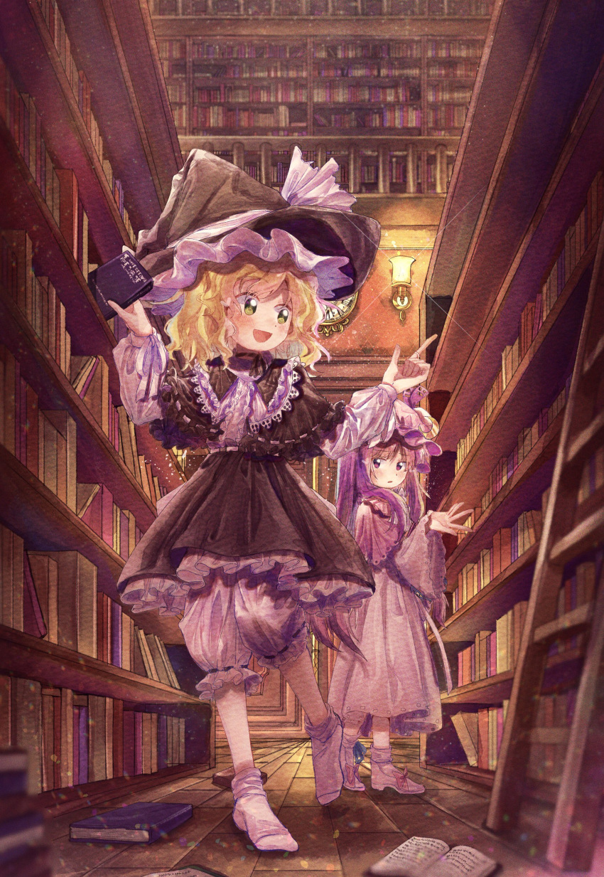 Safebooru - 2girls absurdres age regression black dress black headwear blonde hair bloomers book ...