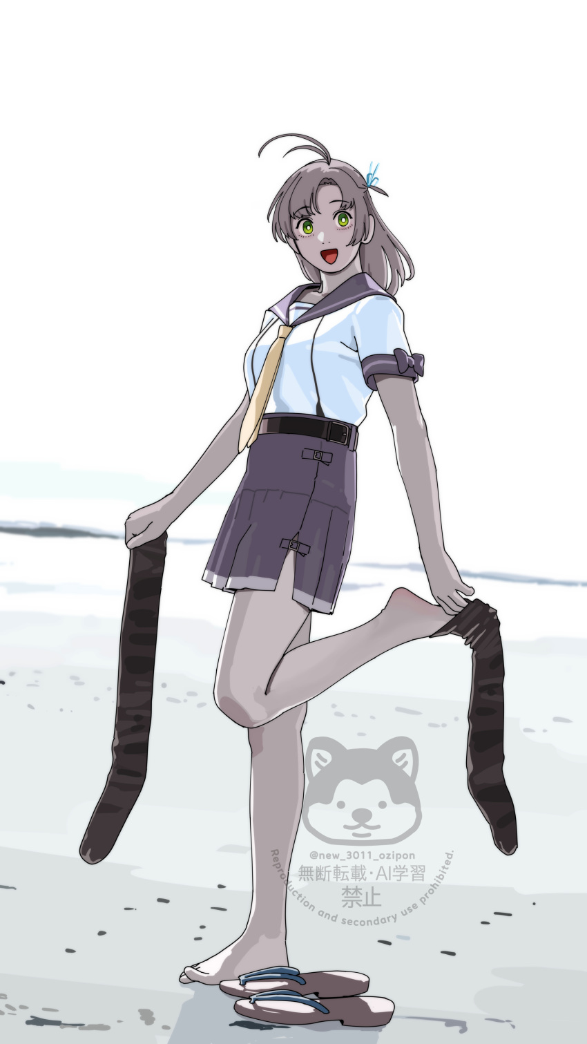 Safebooru - 1girl absurdres antenna hair barefoot beach full body green ...