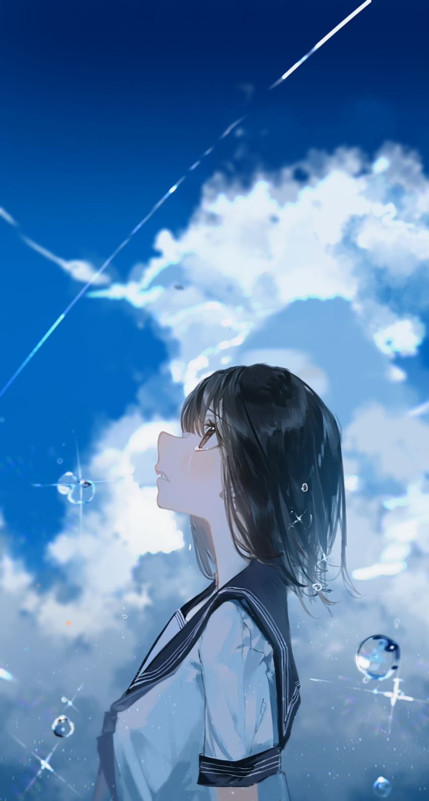 Safebooru - 1girl bangs black hair blue neckerchief blue sailor collar blue sky blurry blurry ...