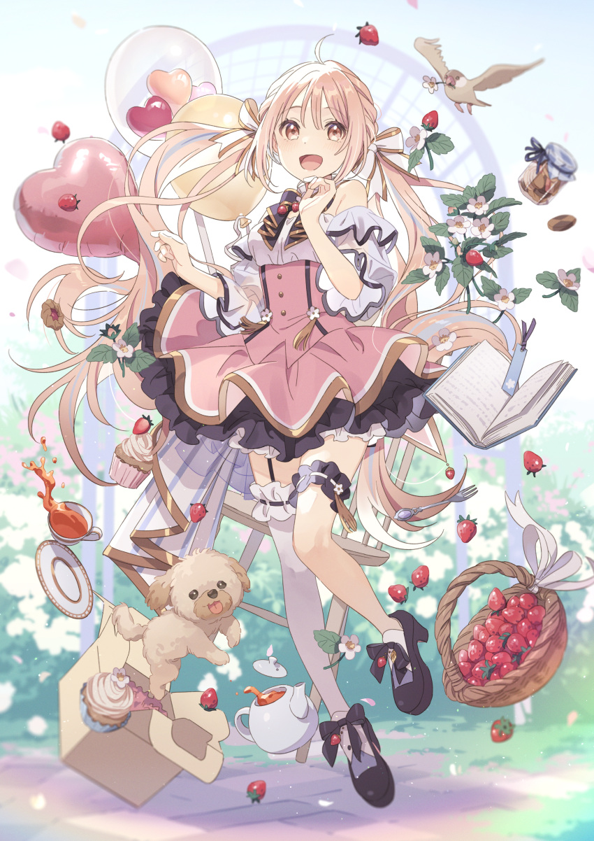 Safebooru - 1girl absurdres ahoge asymmetrical legwear balloon bangs basket bird black footwear ...