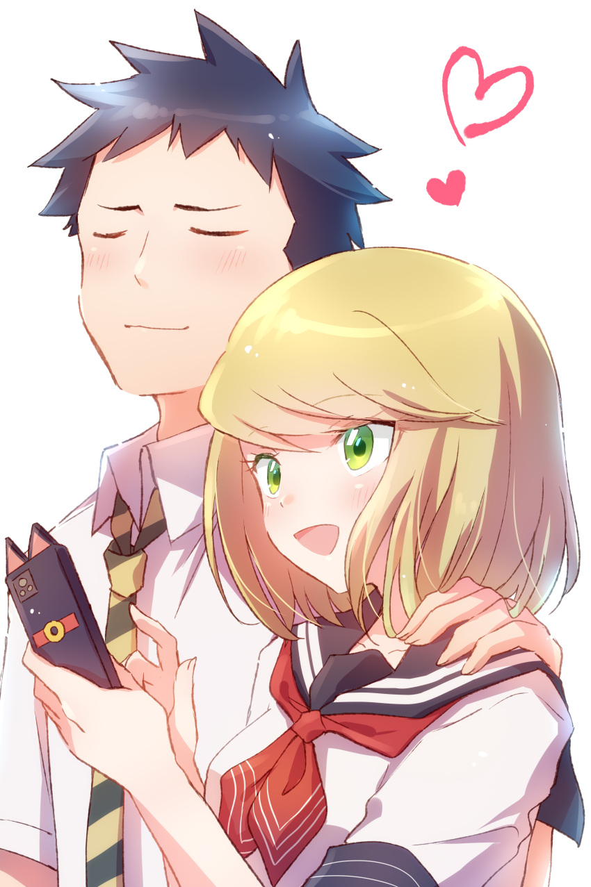 Safebooru - 1boy 1girl :d absurdres aikawa fudou black hair blonde hair cellphone closed eyes ...