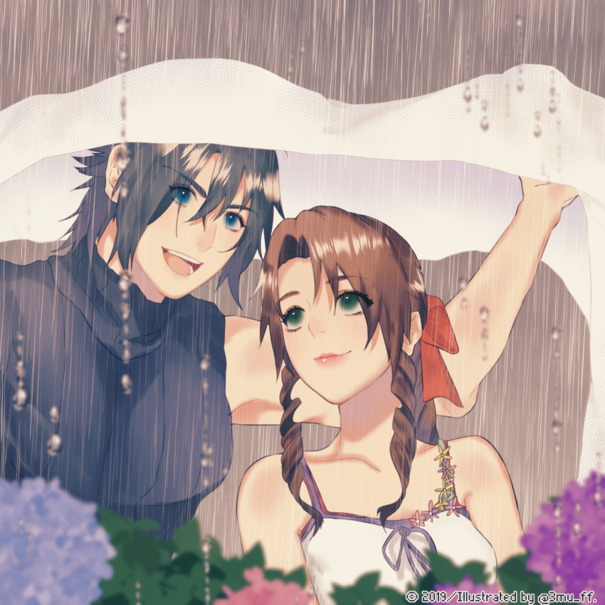 Safebooru - 1boy 1girl 3mu ff aerith gainsborough arm up armor bare shoulders black hair blue ...