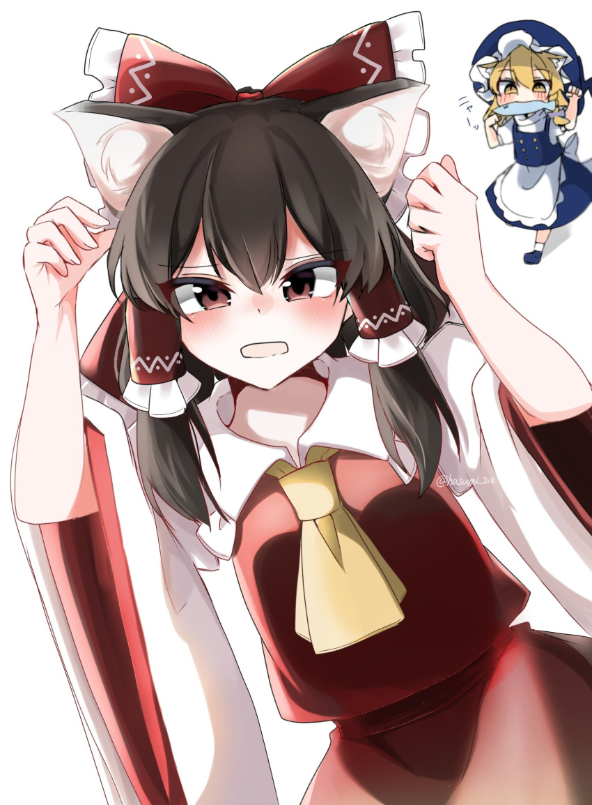 Safebooru - 2girls animal ears black skirt black vest blonde hair bow brown hair cat ears hair ...