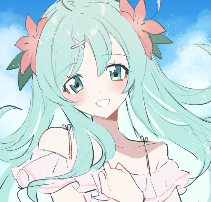 Safebooru - 1girl blue eyes blue hair blue sky blush clouds cloudy sky ...