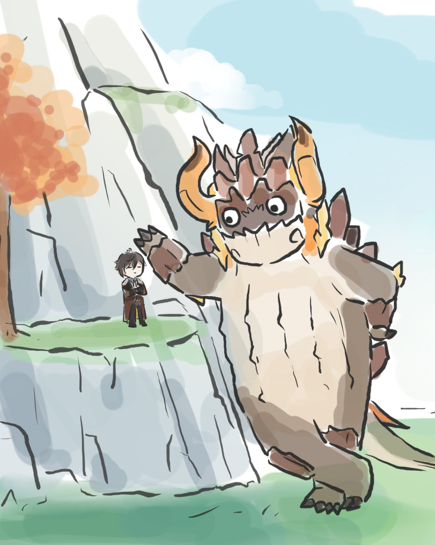 Safebooru - 1boy azhdaha (genshin impact) blue sky brown hair chibi ...