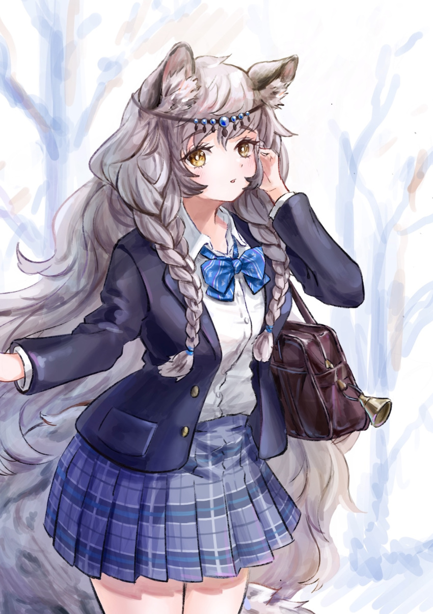 Safebooru - 1girl animal ear fluff animal ears arknights bag bangs bare tree bell blazer blue ...
