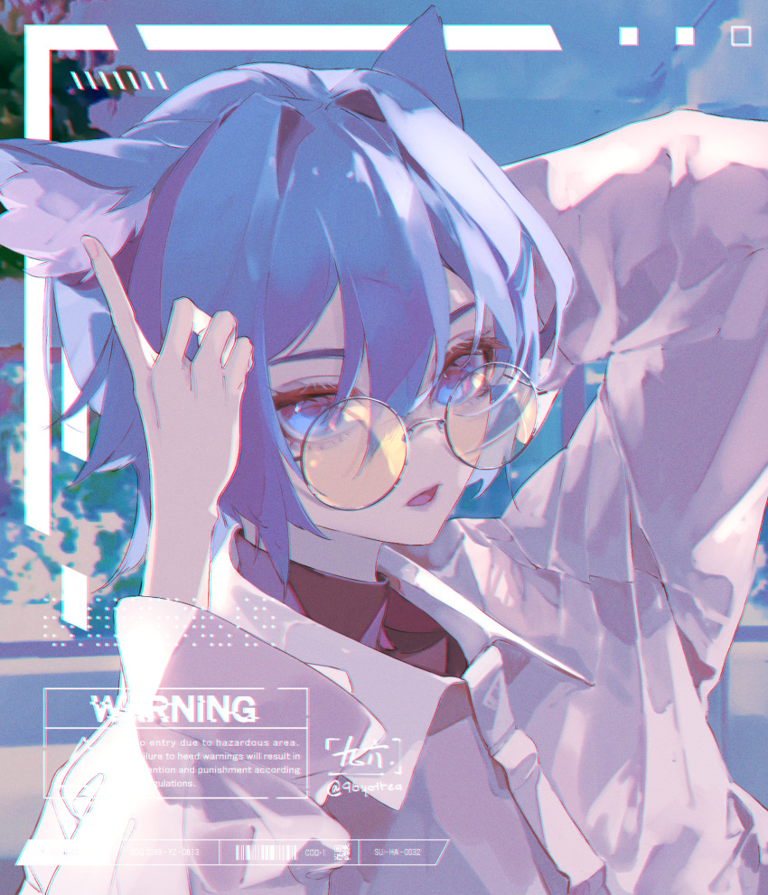 Safebooru - 1girl 96yottea animal ears artist name barcode black shirt blue eyes blue hair cat ...