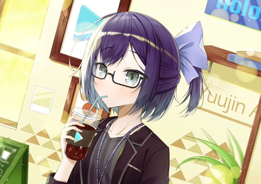 Safebooru - 1girl a-chan (hololive) aqua eyes bangs black-framed eyewear black jacket blazer ...