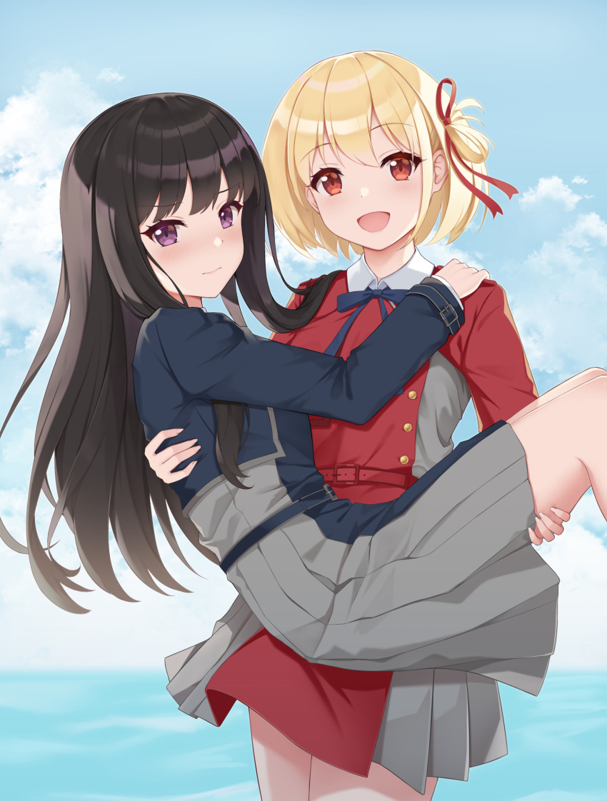 Safebooru - 2girls bangs belt black hair blonde hair blue belt blue dress blue ribbon blue sky ...