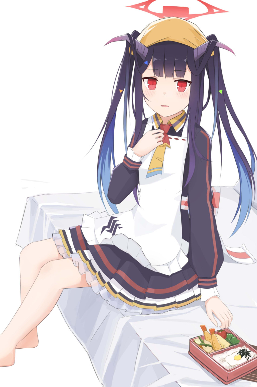Safebooru - 1girl :d absurdres apron bangs bench bento black hair blue ...