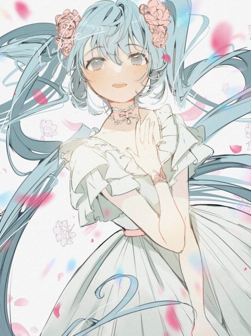 Safebooru - 1girl aqua hair blue eyes choker cowboy shot dress falling petals flower frilled ...