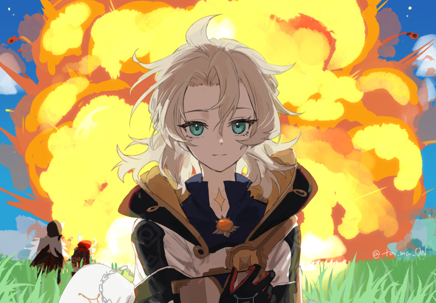 Safebooru - 1girl 2boys albedo (genshin impact) aqua eyes backpack bag bangs blonde hair blue ...