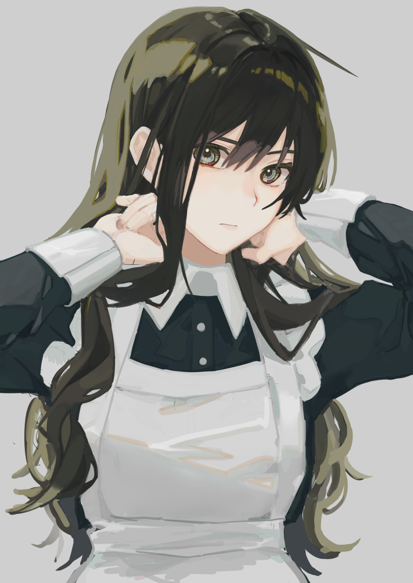 Safebooru - 1girl absurdres apron bangs black dress black hair collared dress dress grey ...