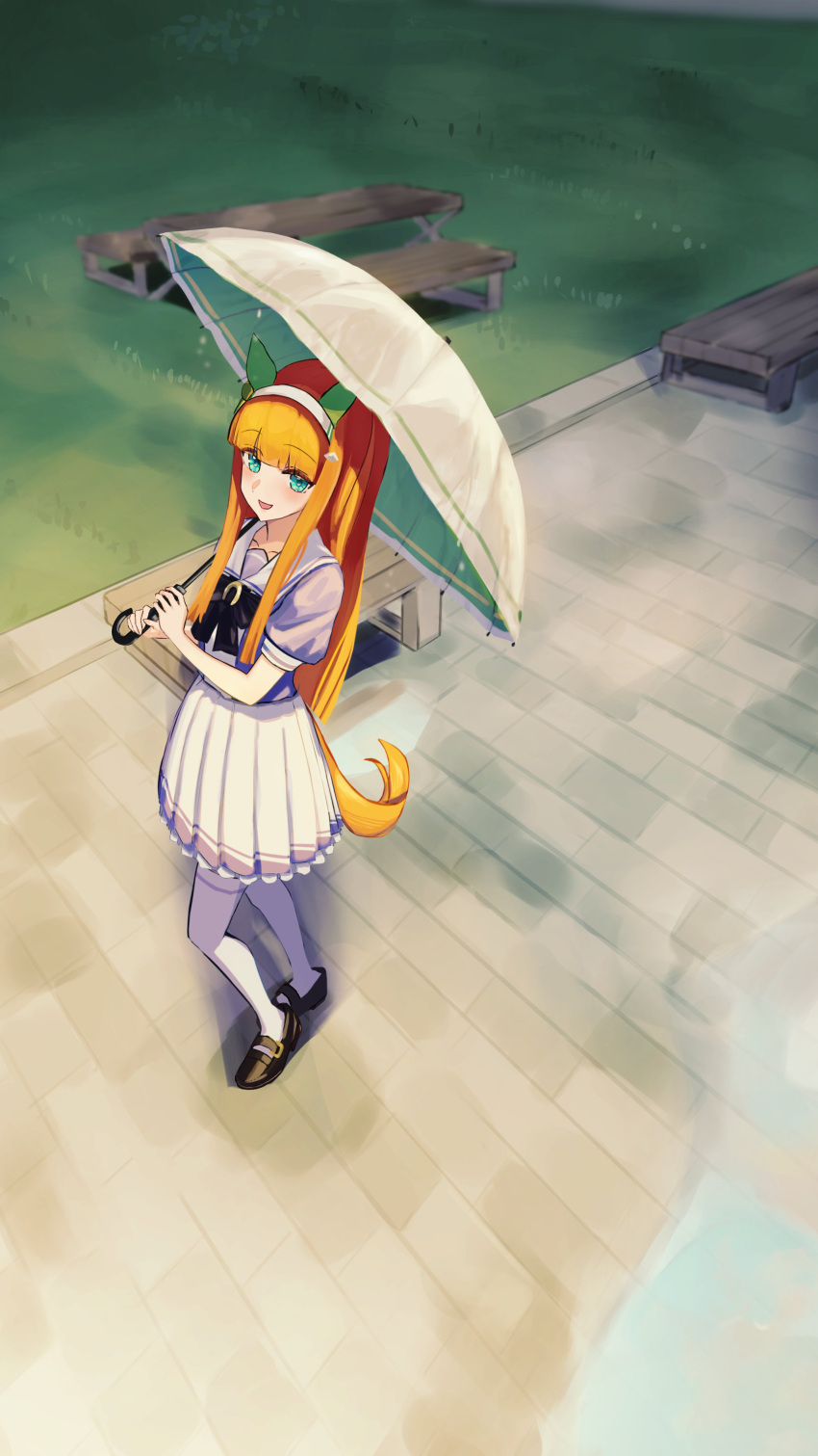 Safebooru - 1girl absurdres animal ears bangs bench black footwear blush ear covers fumibumi ...