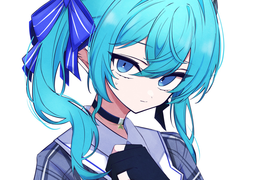 Safebooru - 1girl absurdres black choker blue eyes blue hair choker closed mouth collared shirt ...