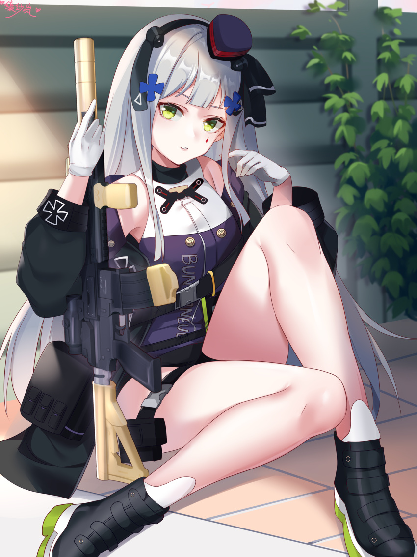 Safebooru - 1girl absurdres aqua hair assault rifle bangs blunt bangs boots cross girls ...
