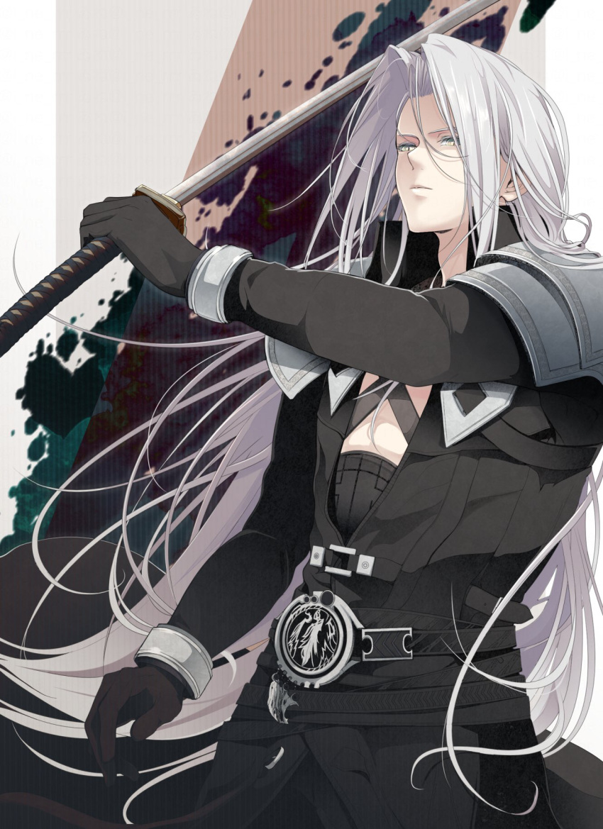 Safebooru - 1boy armor bangs belt black gloves black jacket black pants chest strap cowboy shot ...