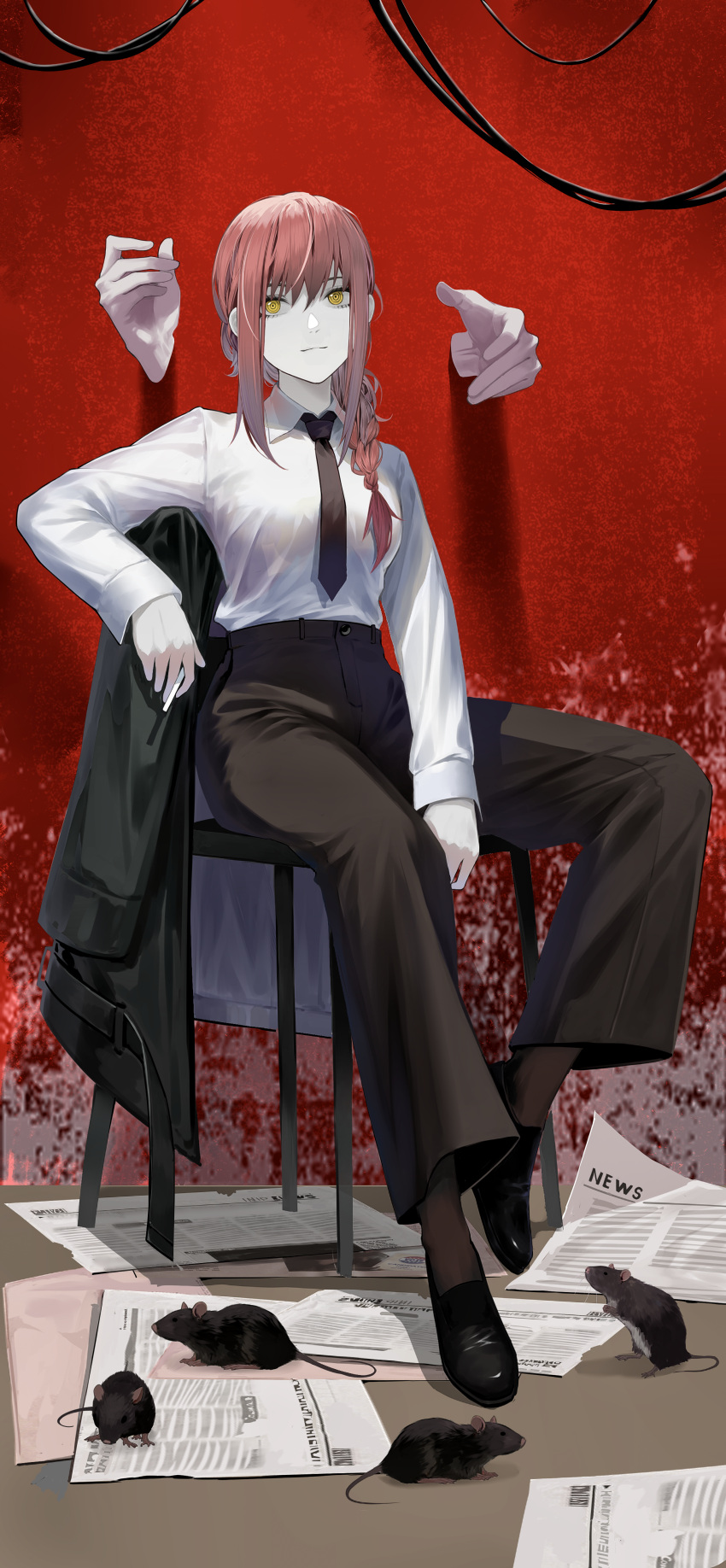 Safebooru - 1girl absurdres animal arm rest bangs between legs black coat black footwear black ...