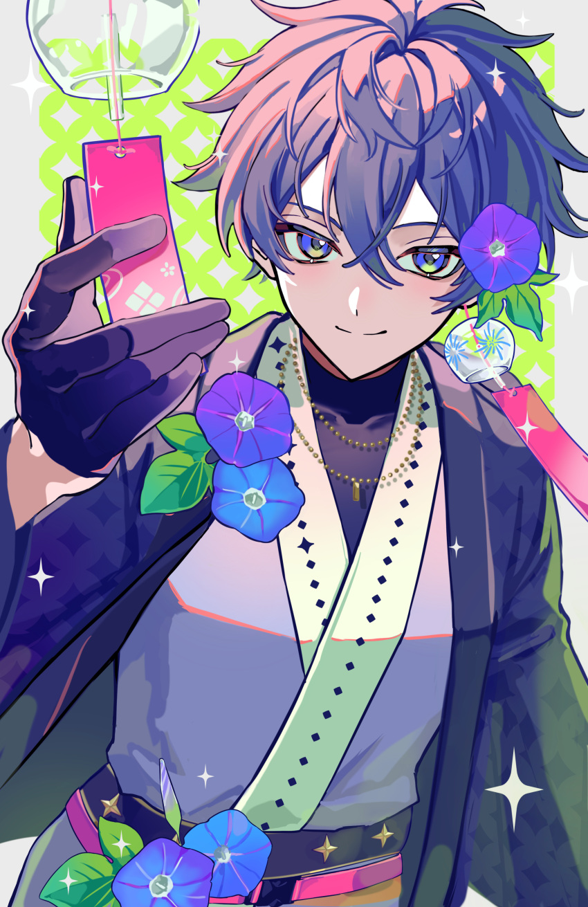 Safebooru - 1boy absurdres black gloves blue eyes blue flower border brown hair earrings flower ...